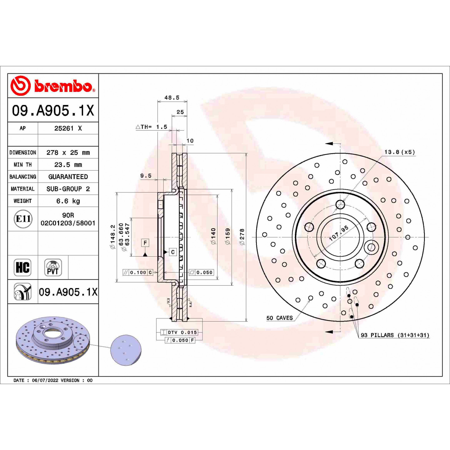 Brake Disc BREMBO 09.A905.1X - Trodo.com