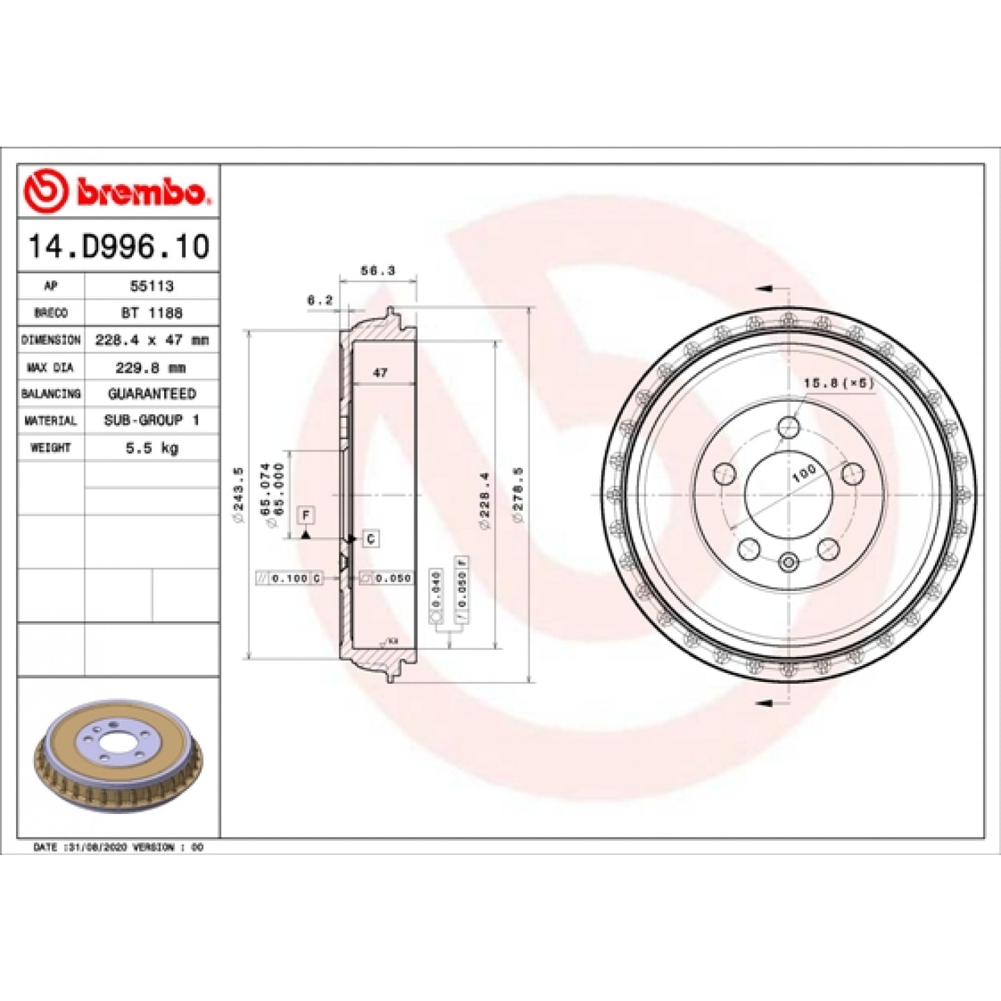 Brake Drum BREMBO 14.D996.10 - Trodo.com
