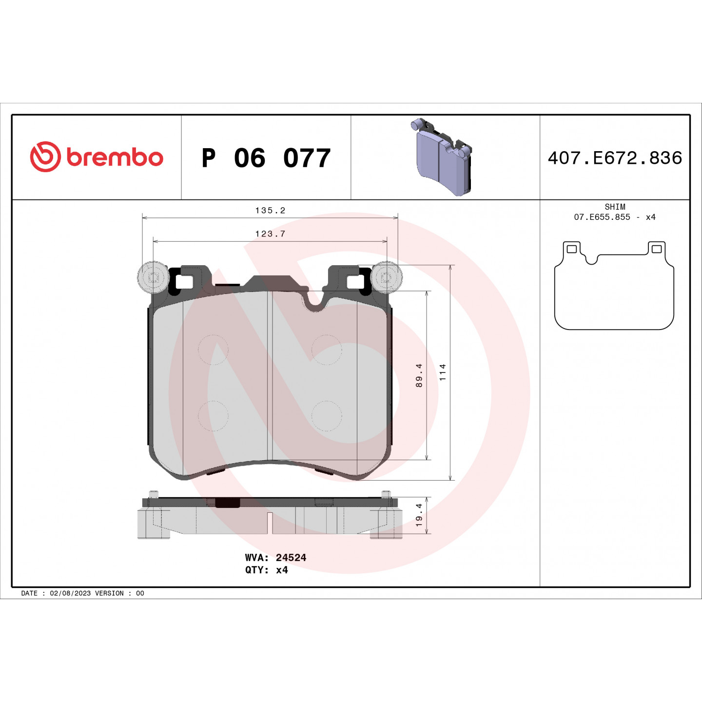 Brake Pad Set, disc brake BREMBO P 06 077 - Trodo.com