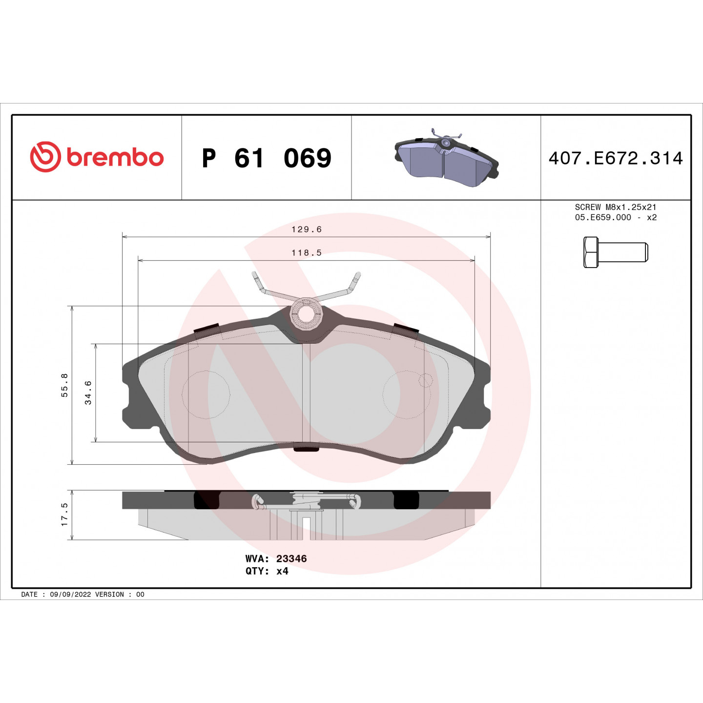 Brake Pad Set, disc brake BREMBO P 61 069 - Trodo.com
