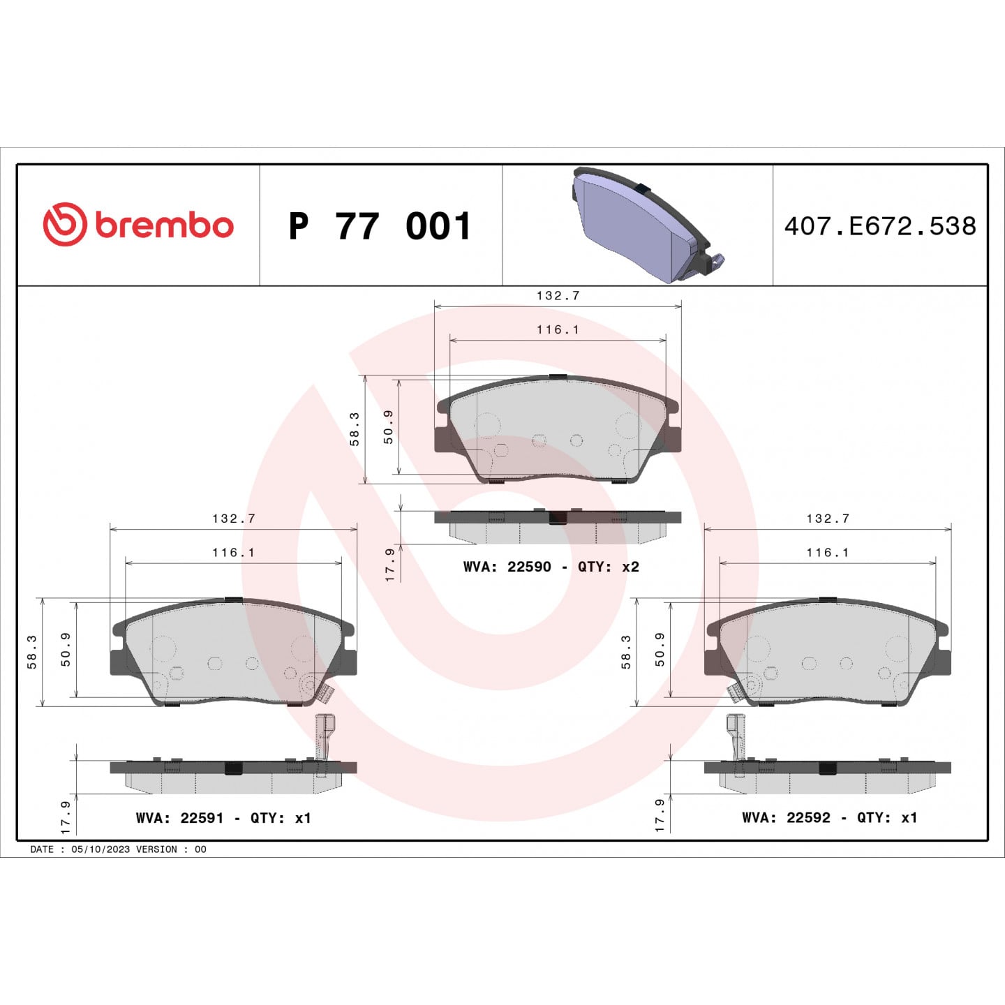 Brake Pad Set, disc brake BREMBO P 77 001 - Trodo.com