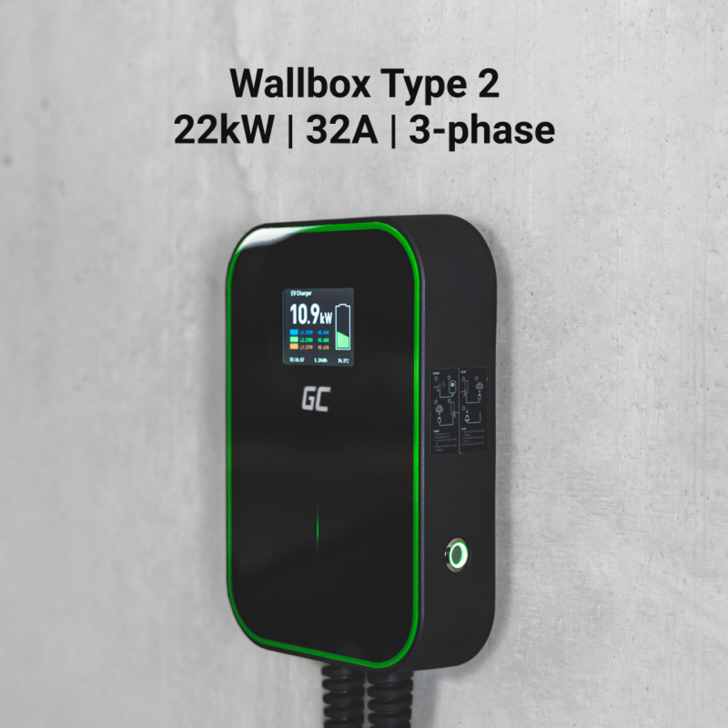 Ladestasjon for elbiler GREEN CELL Wallbox 22kW Type 2 - Eurodel.no